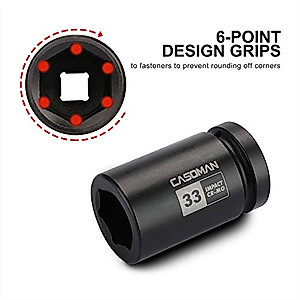 CASOMAN 1-Inch Drive x 33 mm Deep 6 PT Impact Socket, Metric, CR-MO, 1" Drive 6 Point Axle Nut Socket for Easy Removal of Axle Shaft Nuts (33MM)