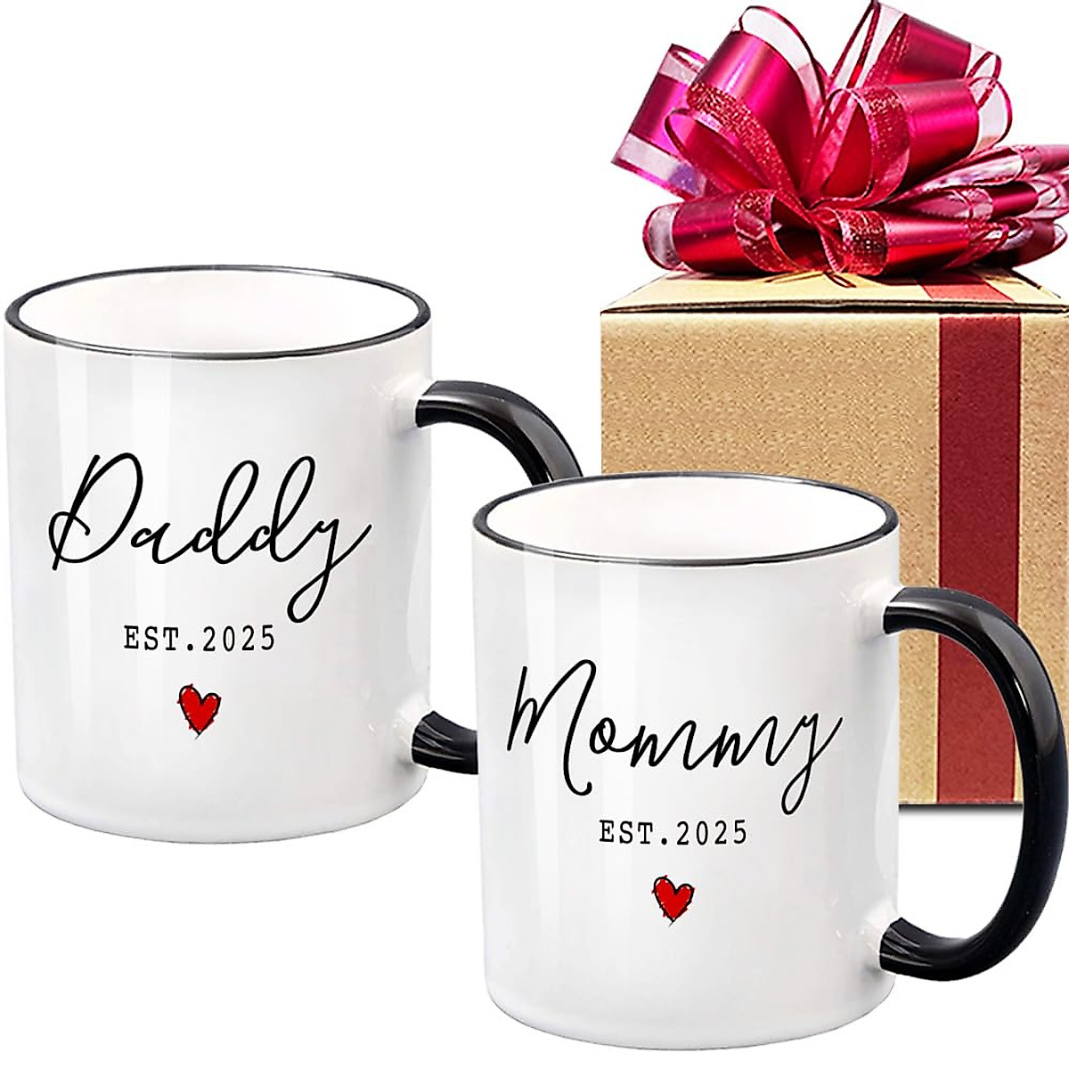 New Daddy & Mommy Est 2025 Coffee Mugs Set of 2, First Time Mommy Daddy Gift Prospective Parents Mugs Gift, New Parents Gift, Pregnancy Announcement Baby Reveal Mug (Black handle)-56