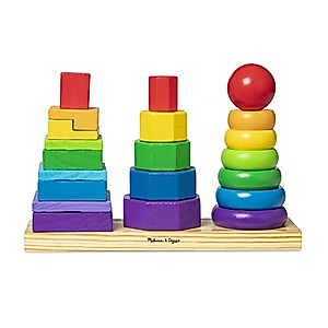Melissa & Doug Geometric Stacker - Wooden Educational Toy - Shape Sorter And Stacking Toy, Stacking Tower Toy For Babies, Toddlers And Kids Ages 2+
