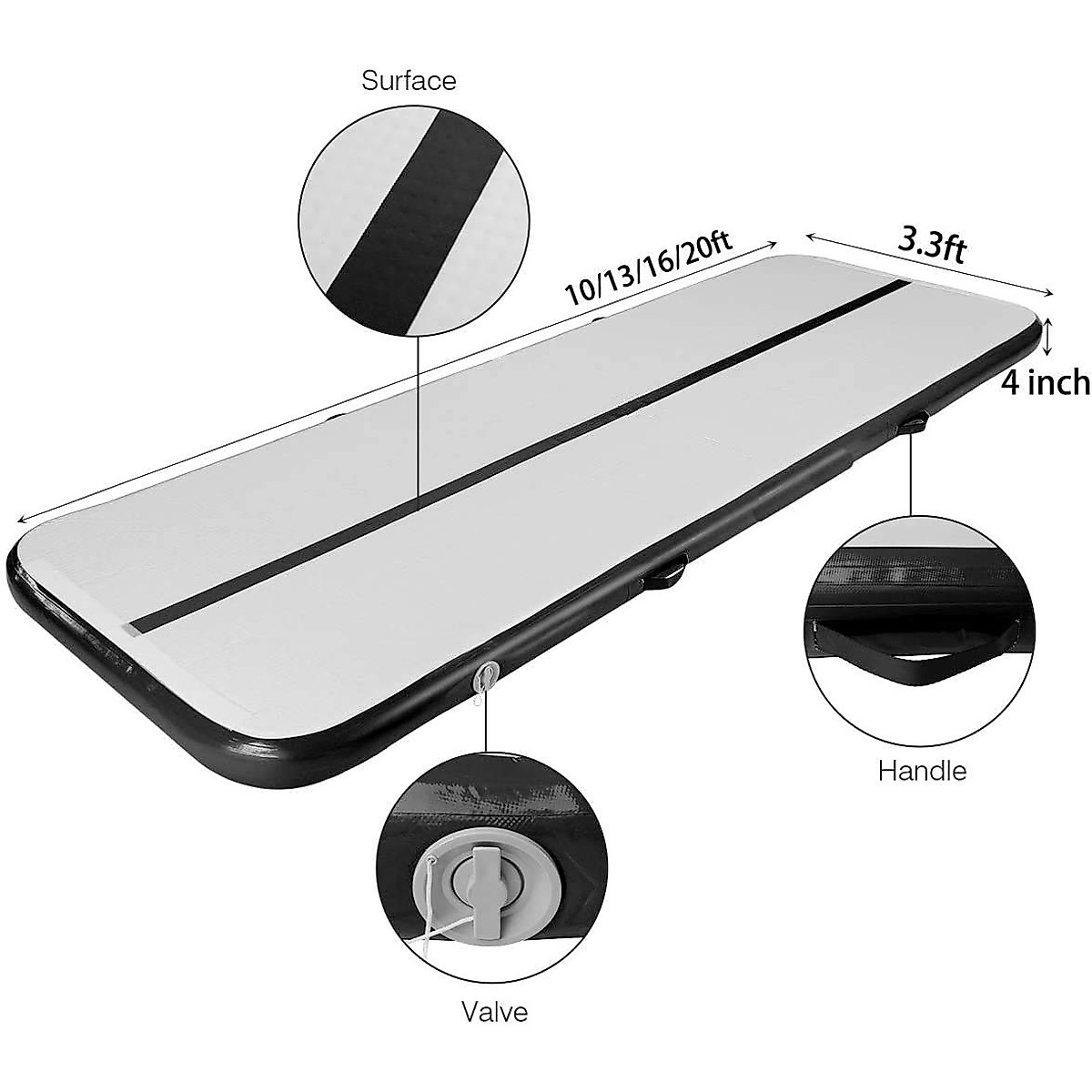 Air Track Gymnastics Tumbling Mat Inflatable 10ft 13ft 16ft 20ft Flooring Mat Yoga Training Mat 4 Inch Thickness for Home Use/Training/Cheerleading/Yoga/Water Fun (Black, 4m)