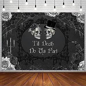 AIBIIN 7x5ft Halloween Till Death Do Us Part Backdrop Spooky Skull Gothic Wedding Party Decorations Supplies Bachelorette Bridal Shower Photography Background Banner Cake Table Photo Booth Props