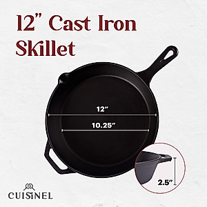 Cast Iron Skillet - 12"-Inch Frying Pan with Assist Handle and Pour Spots + Glass Lid - 12"-inch/30.48-cm/308mm - Compatible with Lodge