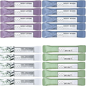 Go Essentials Travel 2 in 1 Shampoo/Conditioner 20 Unit Box Variety Pack (5 of each - shampoo/conditioner, lotion, mouthwash and body wash)