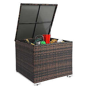 Henf 67 Gallon Outdoor Wicker Storage Box Patio Rattan Square Storage Deck Box, All Weather Patio Furniture Storage Organizer for Storing Tools, Accessories and Toys (Brown)