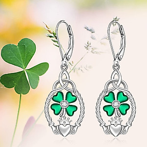 St Patricks Day Earrings Shamrock Earrings for Women Sterling Silver Four Leaf Clover Celtic Claddagh Green Irish Shamrock Dangle 4 Leaf Clover Jewelry Lucky Gifts