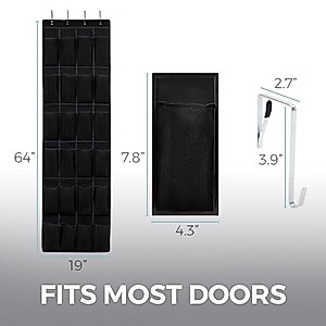 HOME GENIE 24 Pocket Strong Space Saving Over Door Shoe Organizer, Holds Up to 40 Pounds, Stay In Place Hooks Large Breathable Mesh Pocket Hanging Behind Closet Caddy Holder, Cabinet Rack, Black