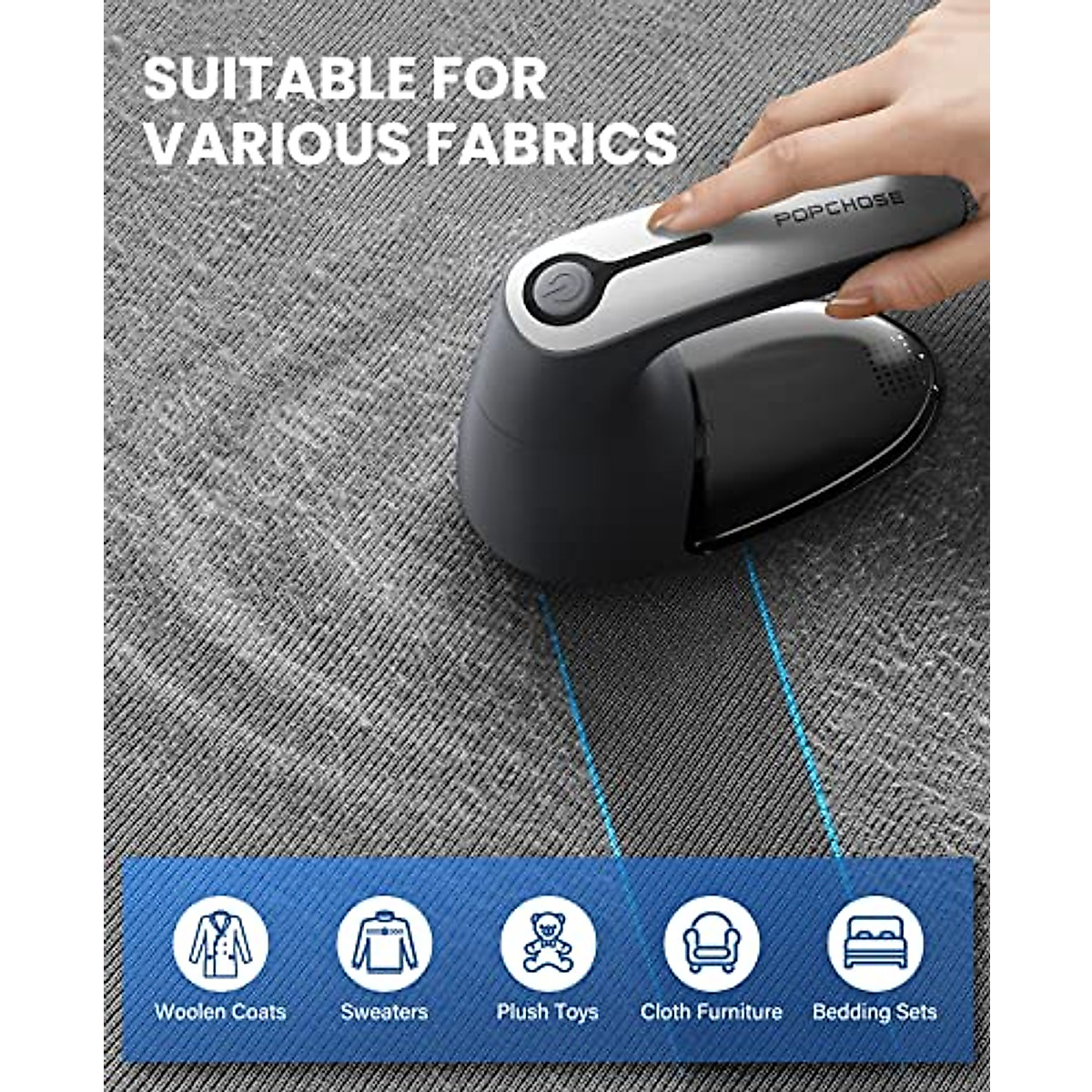 POPCHOSE Fabric Shaver, Rechargeable Lint Remover with 6-Blades and Electrostatic Brush, Effectively and Quickly Remove Fuzz for Clothes, Sweater, Couch, Blanket, Curtain, Wool, Cashmere