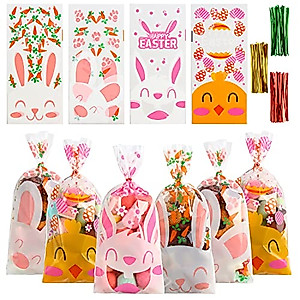 LOKIPA Easter Celllophane Treat Bags, 120 Pieces Clear Easter Candy Bags with 150 Twist Ties for Easter Supplies