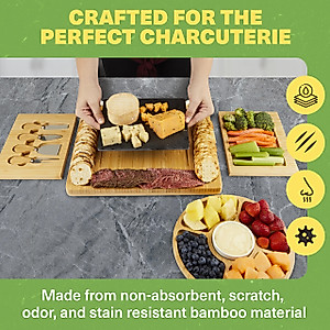 Charcuterie Board Gift Set, Expandable Bamboo Cheese Board with Stainless Steel Serving Utensils, Ceramic Bowls, Appetizer and Serving Trays, Utensil Trays - Housewarming 2 Drawers