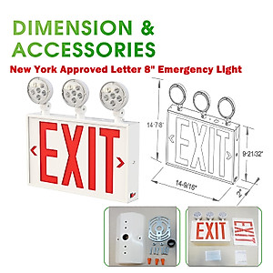 Garrini New York Approved Letter 8" Steel LED Emergency Light Exit Sign Combo Adjustable Lamps Heads, 120-277V, Single and Double Faces, Fire Resistant UL Certified NYC-2000 (3 Heads)