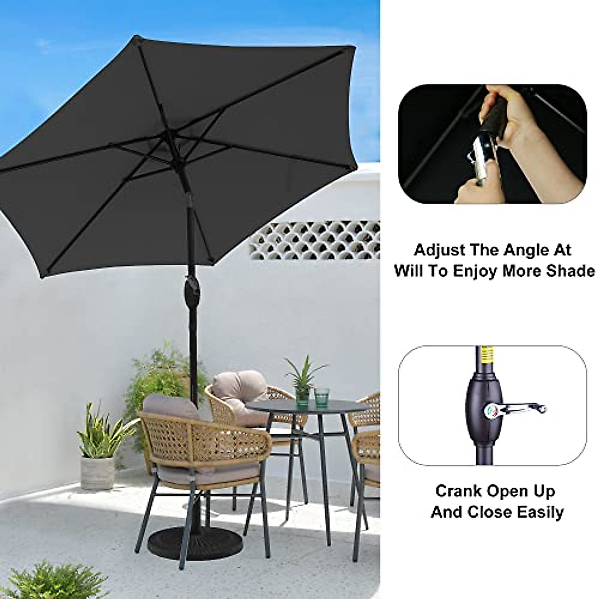 windaze 7.5ft Patio Table Umbrella - Outdoor Market Umbrella with Push Button Tilt and Crank for Garden, Lawn, Backyard, Deck, Pool and Beach, Black