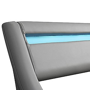 MACHOME Queen Size Faux Leather Upholstered Platform Bed with Hydraulic Storage System, with LED Light Upholstered Headboard, Bedframe w/Wood Slat Support, for Bedroom, Kids Room, Guest Room, Gray