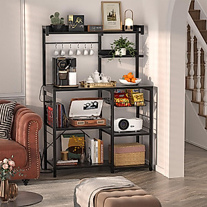 Aheaplus Bakers Rack with Power Outlet and LED Light Strings, Microwave Oven Stand Kitchen Storage Shelf with Wire Basket, Coffee Bar Station Island Table with 10 Hooks for Spices, Pots, Pans, Black