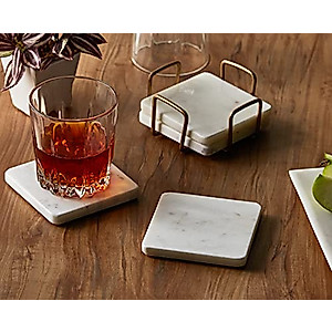 Queenza Marble Coasters with Holder, Set of 4 Gold Coasters for Drinks , 4 Inch Modern Coasters for Coffee Table - Natural White Coasters with Padded Bottom