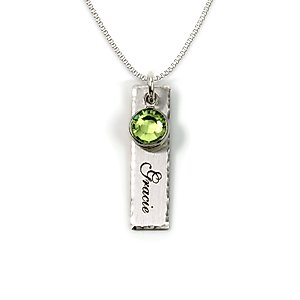 AJ's Collection Single Edge-Hammered Personalized Charm Necklace. Customize Sterling Silver Rectangular Pendant with Name and Birthstone. Includes a Sterling Silver Chain. Makes Gifts for Her