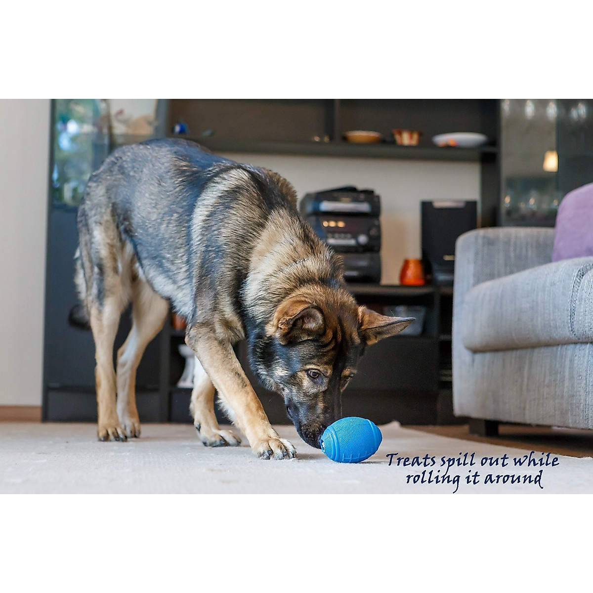 PlayfulSpirit Tricky Treat Rugby Ball: Dog Treat Dispenser - Awesome Anxiety Reliever and Boredom Breaker, Fun Fetch and Basic Puppy Training Toy (Large, Blue)