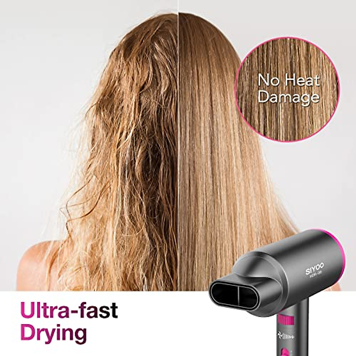 SIYOO Hair Dryer with Diffuser, 1600W Ionic Blow Dryer, Constant Temperature Hair Care Without Hair Damage, Lightweight Portable Travel Hairdryer