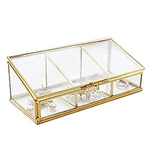 Yalych Jewelry Box Jewelry Case Golden Clear Glass & Brass Metal Storage Jewelry Display With Lid 3 Compartment Rings Bracelet Box. Jewelry Organizer