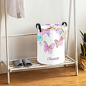 Butterfly Floral Personalized Waterproof Foldable Laundry Basket Bag with Handle, Custom Collapsible Clothes Hamper Storage Bin for Toys Laundry Dorm Travel Bathroom