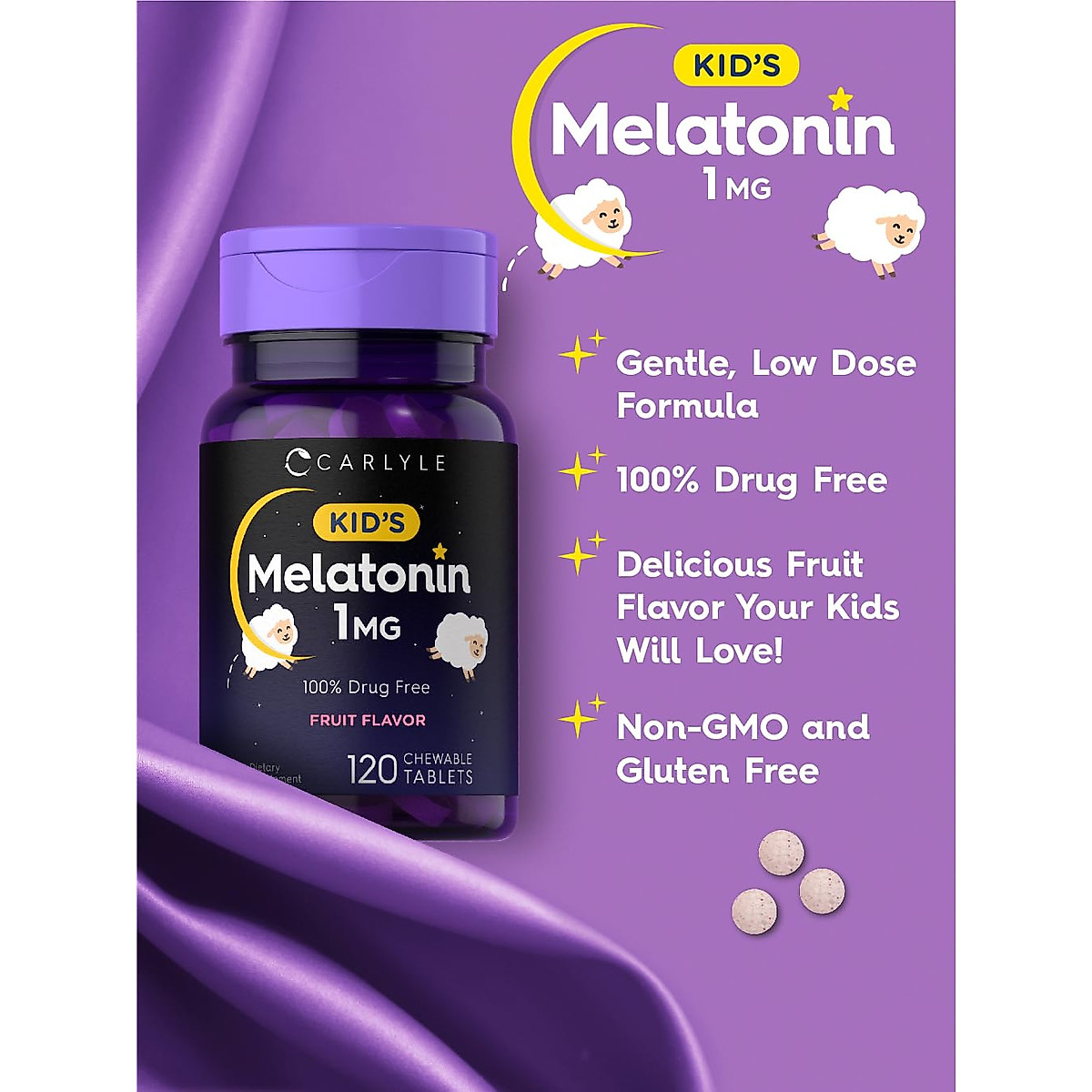 Carlyle Kids Melatonin 1mg | 120 Chewable Tablets | Fruit Flavor | Vegetarian Supplement | Non-GMO, Gluten Free Formula