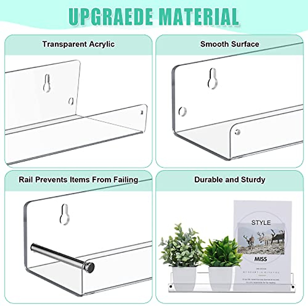 12 Pieces Clear Acrylic Shelf 15 Inch Acrylic Floating Shelves Invisible Ledge Wall Bookshelf for Kids Wall Mounted 3 mm Thick Bathroom Shelves for Office Bedroom Bathroom Kitchen