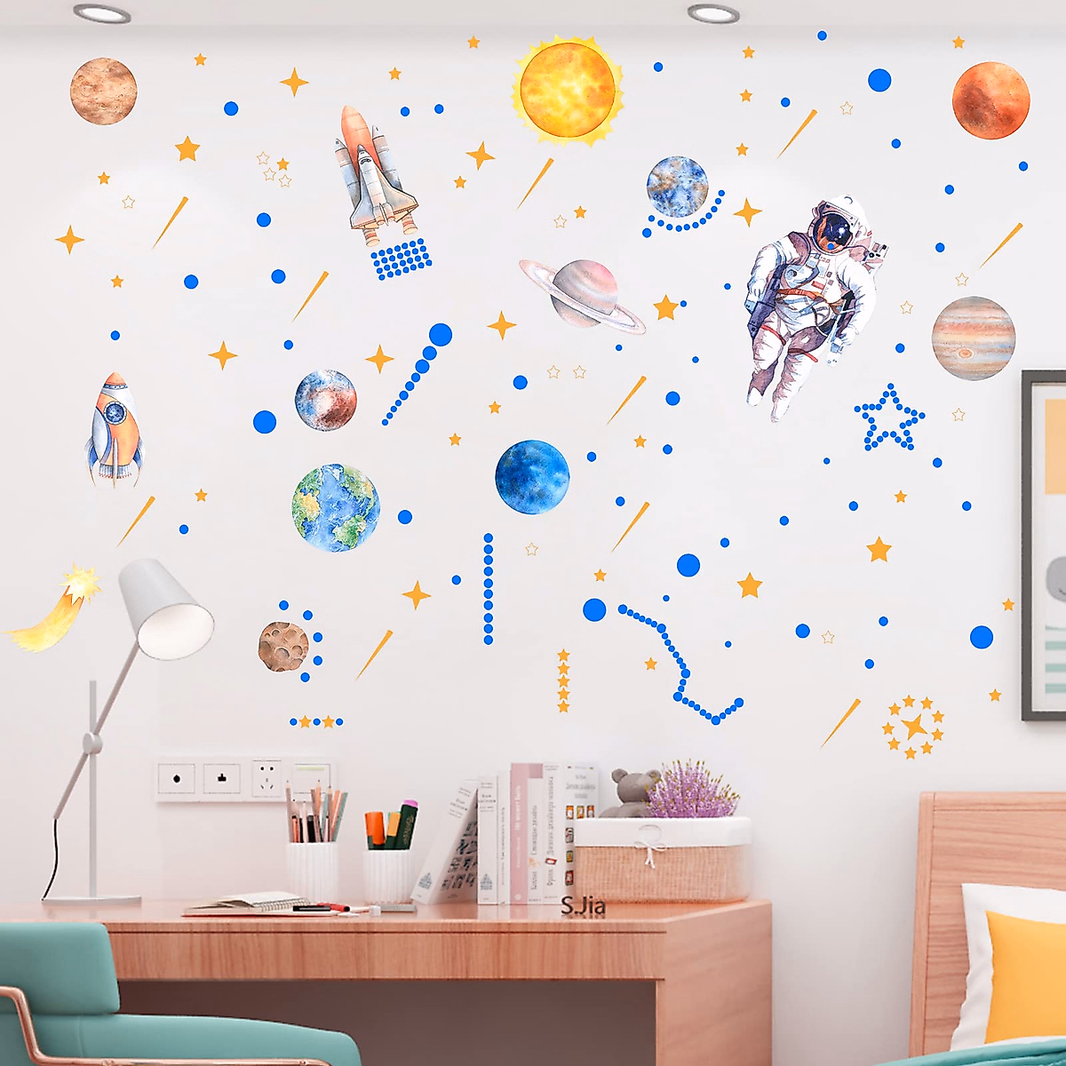 Hianjoo Glow in The Dark Stars for Ceiling, Solar System Wall Stickers, Rocket Astronaut Luminous Decal Shining Space Decoration for Nursery Bedroom Living Room for Boy and Girl
