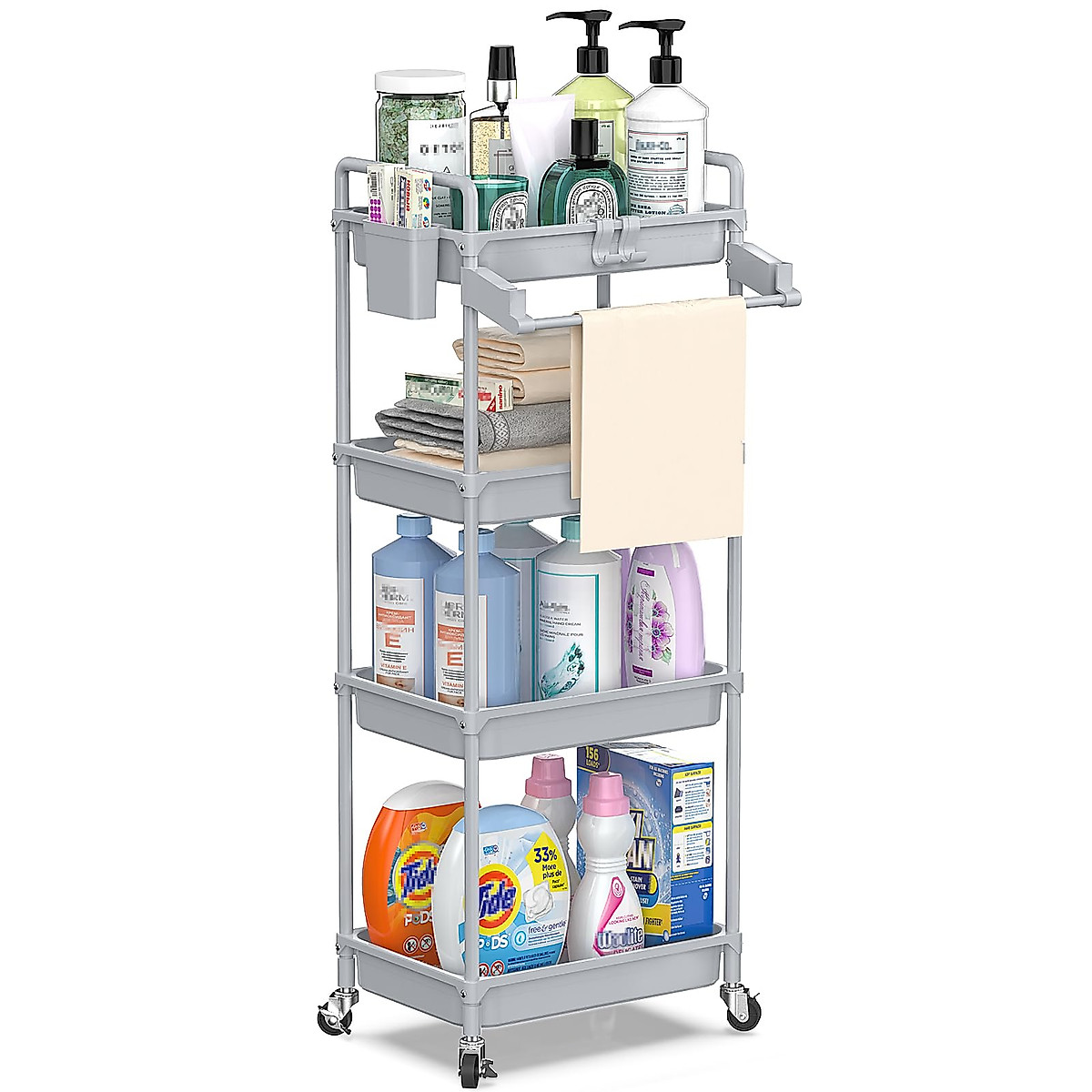 SPACEKEEPER Rolling Storage Cart, 4-Tier Bathroom Organizer Utility Cart Laundry Room Organization Mobile Shelving Unit with Towel Rack, Lockable Wheel, Hooks & Cup for Kitchen Bedroom Office, Grey