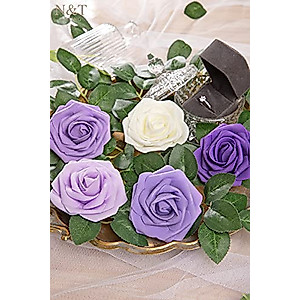 N&T NIETING Purple Roses Artificial Flowers 25Pcs Fake Flowers Foam Roses with Stems for DIY Wedding Bridesmaid Bridal Bouquets Centerpieces Party Home Decoration Baby Shower, Series Purple