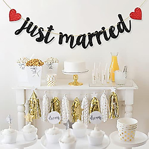 Just Married Banner - Wedding Banner - Wedding Bridal Shower Bachelorette Party Decorations (Black&Red)