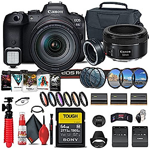 Canon EOS R6 Mirrorless Digital Camera with 24-105mm f/4L Lens (4082C012) + Canon EF 50mm Lens + Mount Adapter EF-EOS R + 64GB Tough Card + Color Filter Kit + Case + Filter Kit + More (Renewed)