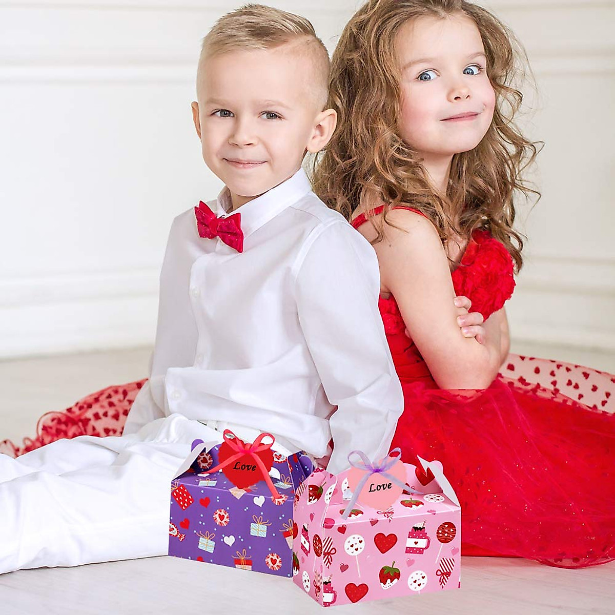 Winlyn 48 Set Valentine's Day Treat Boxes Hearts Prints Boxes Cookie Boxes Goodie Bag Party Favor Boxes Container Candy Box with Heart Tags Bulk for Kids Girls School Classroom Supplies