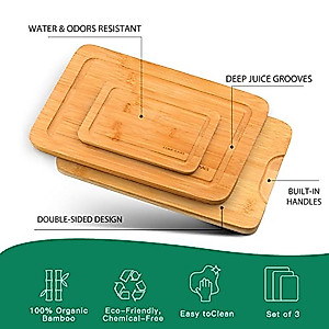 Comhoma Bamboo Cutting Board (3 Piece Set) Wood Cutting Board Kitchen Chopping Board with Juice Groove and Serving Tray for Meat Vegetables Fruits Cheese