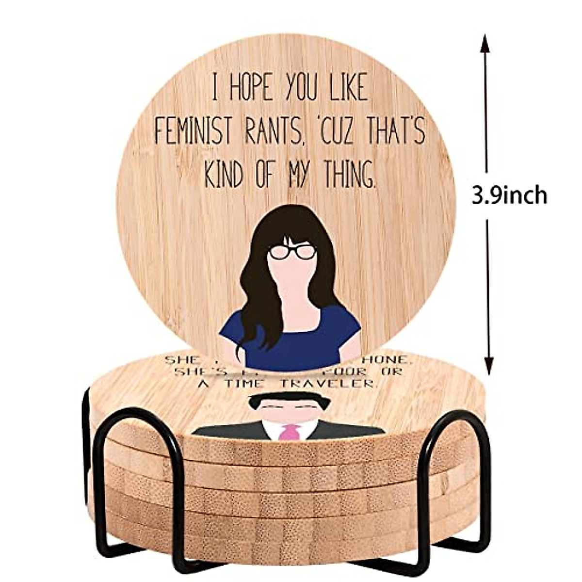 New Girl Bamboo Wood Coasters Set of 6, Funny Novelty Coasters for Drinks Absorbent with Holder