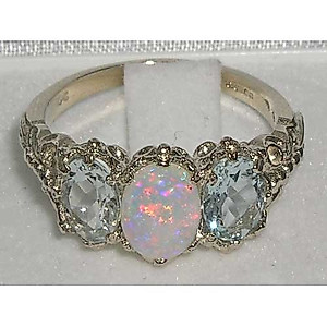 LetsBuyGold 925 Sterling Silver Real Genuine Opal and Aquamarine Womens Anniversary Ring - Size 8