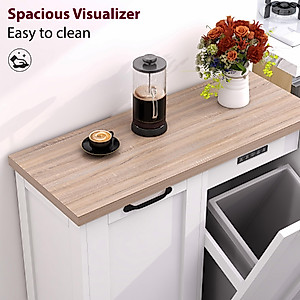 Prapark White Double Tilt Out Trash Cabinet - Kitchen Garbage Can Free Standing Holder with Negative Ion and Deodorizing - Accommodates 2 x 10-Gallon Trash Cans - Tilt Out Laundry Hamper Cabinet