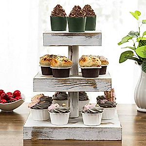 MyGift Whitewashed Wood Cupcake Stand, 3 Tiered Square Serving Tray, Desserts and Appetizer Display Riser