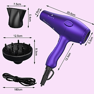 Wazor 3rd Generation Lightweight Low Noise Hair Dryer,(1875W Tourmaline Ceramic Negative Ionic Blow Dryer 2 Speed 3 Heat Settings Cool Shot with Diffuser Concentrator(Purple)