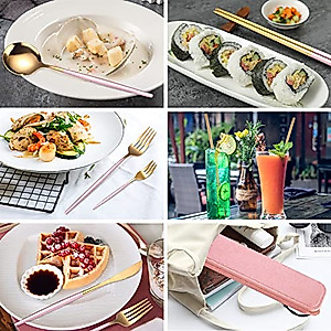 AARAINBOW 8 Pieces Stainless Steel Flatware Set Portable Reusable Cutlery Set Travel Utensils Set Including Chopsticks Knife Fork Spoon Straws Cleaning Brush Dishwasher Safe (Pink Golden)