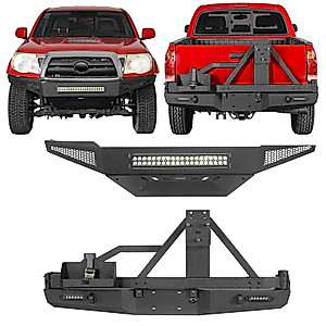 Hooke Road Tacoma Front Bumper & Rear Bumper w/Tire Carrier Combo Compatible with Toyota Tacoma 2005-2011 2nd Gen Pickup Truck (Textured Black Steel)
