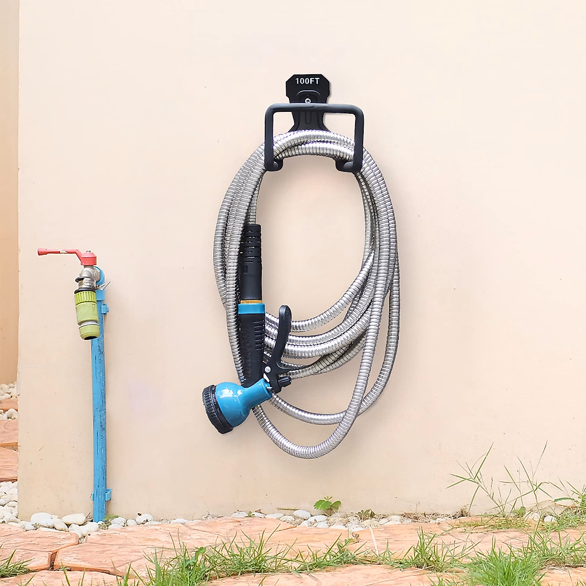 Besiter Garden Hose 50FT Stainless Steel Water Hose with 10 Functions Adjustable Spray Nozzle, Heavy-Duty Metal Garden Hose Flexible Durable No-Tangle & Kink Leak Dog Proof Hose for Yard Lawn(Blue)