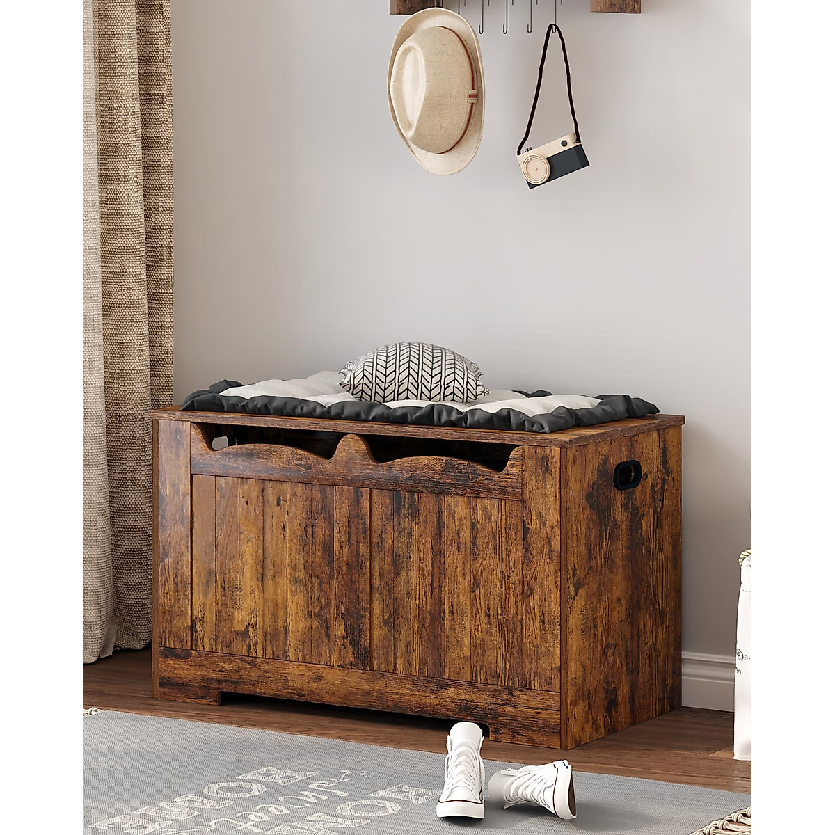 Hzuaneri Storage Chest, Storage Trunk with Safety Hinge, 29.9" Lift-Top Storage Bench, Wooden Storage Organizer, Shoe Bench for Entryway, Bedroom, Living Room, Rustic Brown SB04401X