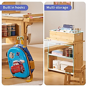 UNICOO Drawing and Art Table & Chair Set for Toddlers - Portable Craft Supplies Organizer and Storage Shelves, Canvas Bins, Paper Roll Rack, 2 Stools, Kids Art Table, Ages 2-12 (Nature)