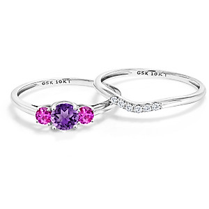10K White Gold Purple Amethyst and Pink Sapphire and White Lab Grown Diamond 3-Stone Bridal Engagement Wedding Ring Set For Women (0.78 Cttw, Gemstone February Birthstone, Round 5MM, Size 9)