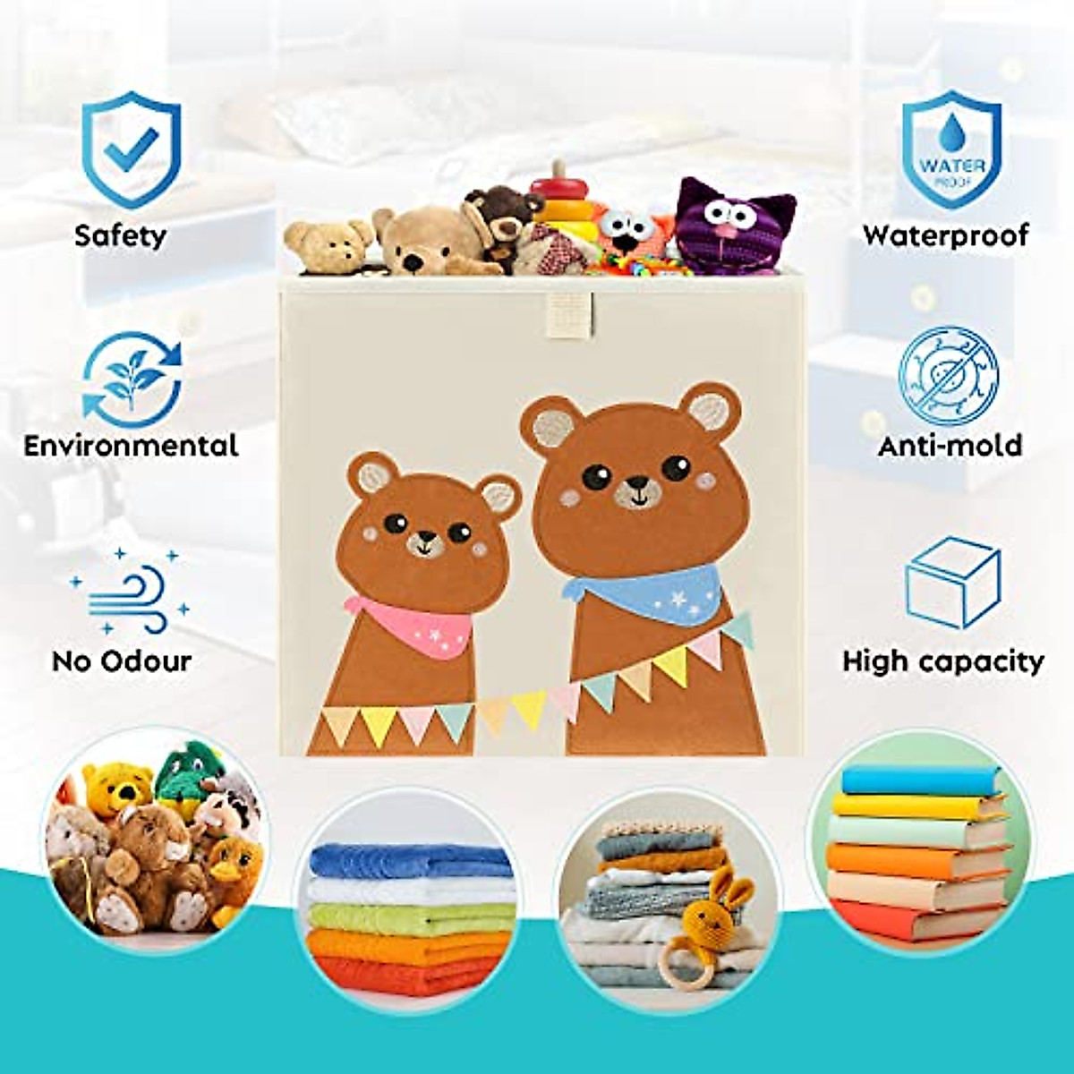 GARPROVM Organizer for Kids Nursery, Cute Cartoon Animal Storage Bins Basket Cube for Shelves, with Handles, fits Baby, Clothes, Children's Room, 13inch