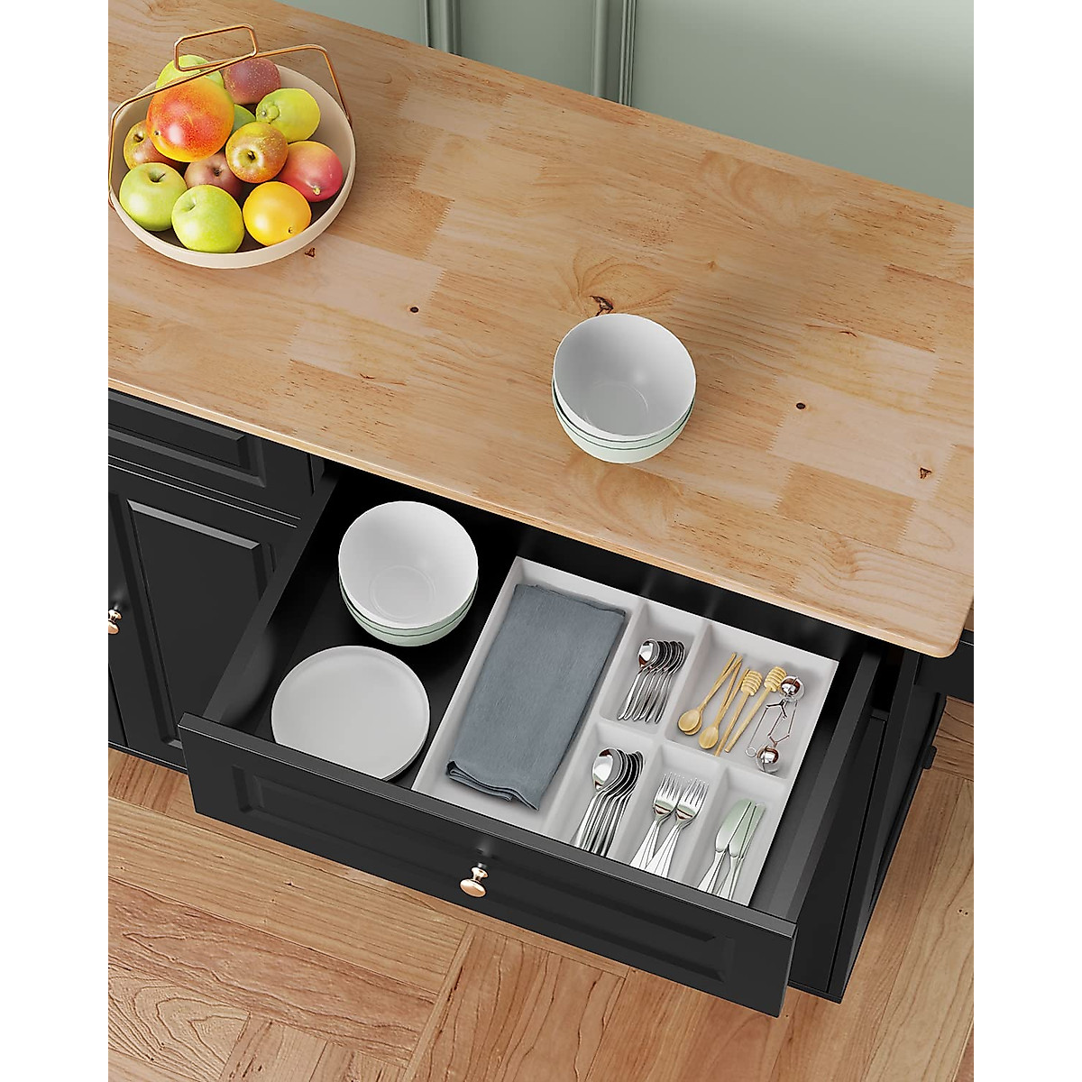 Qsun Kitchen Island with Storage, Kitchen Cart on 5 Universal Wheels, Mobile Kitchen Island with Rubber Wood Top and Side Rack (Black)