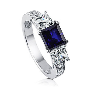 BERRICLE Sterling Silver 3-Stone Wedding Engagement Rings Simulated Blue Sapphire Princess Cut Cubic Zirconia CZ Anniversary Promise Ring for Women, Rhodium Plated Size 7
