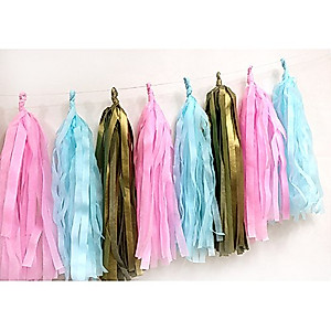 15 PCS Tissue Paper Tassels Set of 2 Tassel Garland Banner for Wedding, Baby Shower, Festival Items & Party Decoration, DIY Kits(Matte Gold+Pink+Blue)