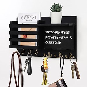 Kenvary Key Holder Rack for Wall, Entryway Hook with Shelf, Mail Organizer with Chalkboard, Rustic Mail Organizer with Mirror, Easy Installation