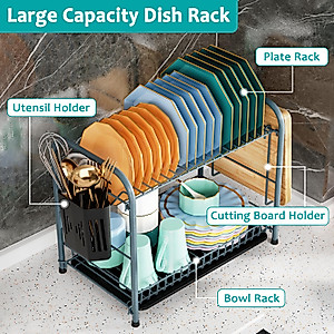 Naturous Dish Rack, 2 Tier Dish Drying Rack Kitchen Organizer with Drain Board, Utensil Holder, Cutting Board Holder, Gray