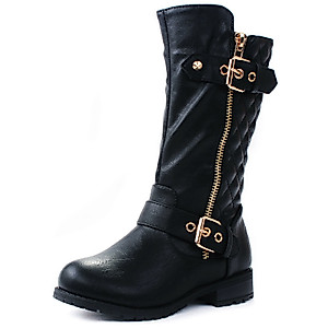 JJF Shoes Kids Girls Mango21 Black Dual Buckle/Zipper Quilted Mid Calf Motorcycle Boots-9